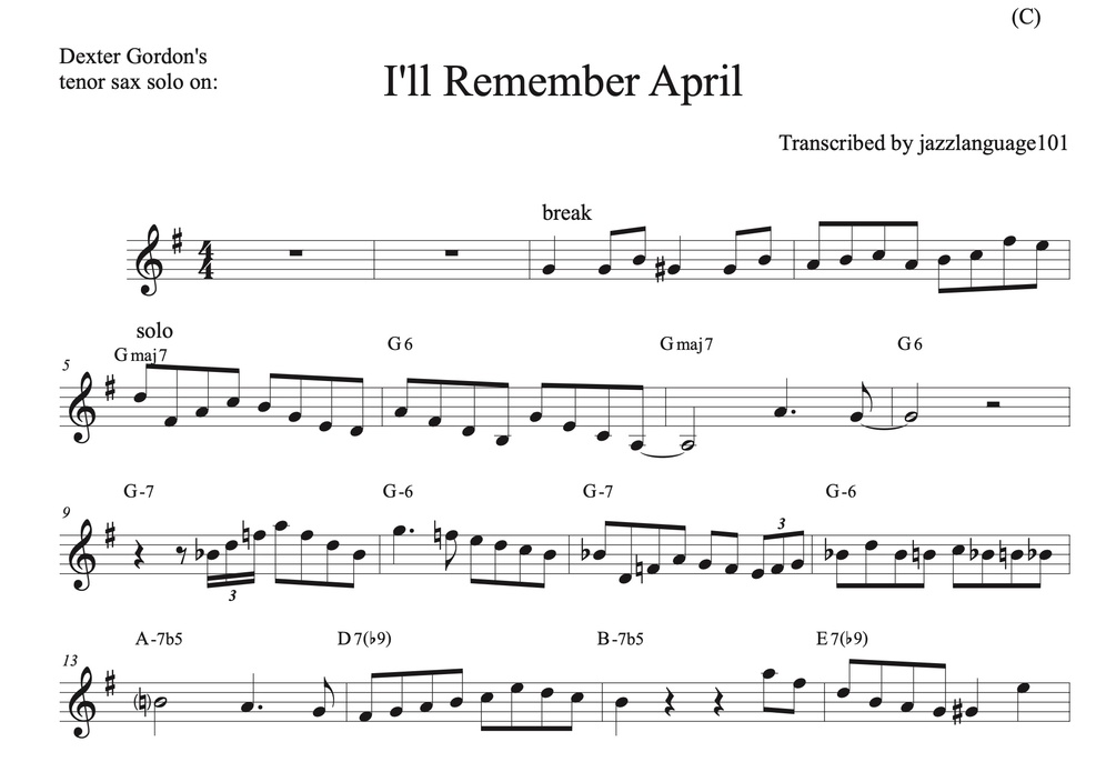 Dexter Gordon's solo transcription on 'I'll Remember April' (C)