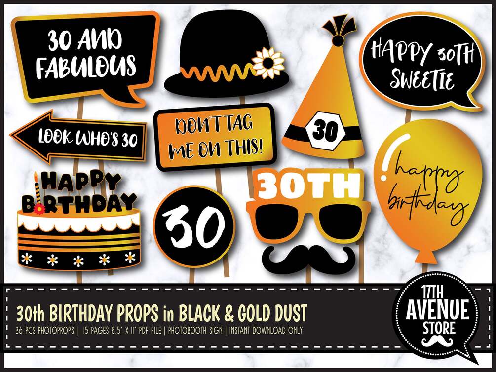 30th Birthday Props in Black and Gold Dust