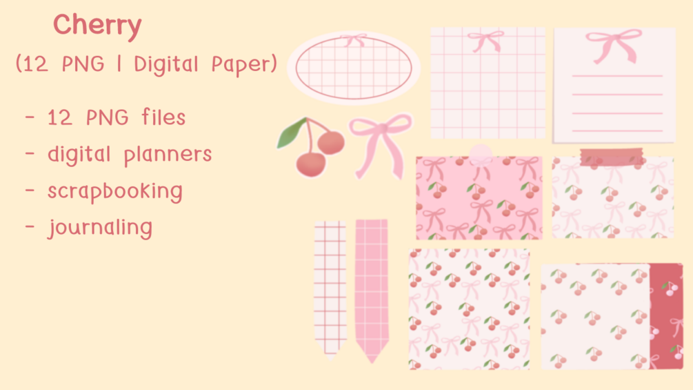 Cherry 🍒 – Cute Digital Paper Set (12 PNG)
