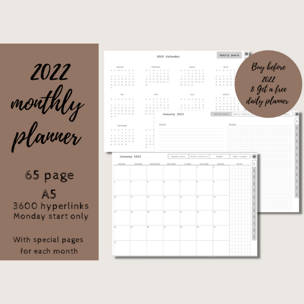2022 monthly planner | Dated | 65 pages | hyperlinked | Gray