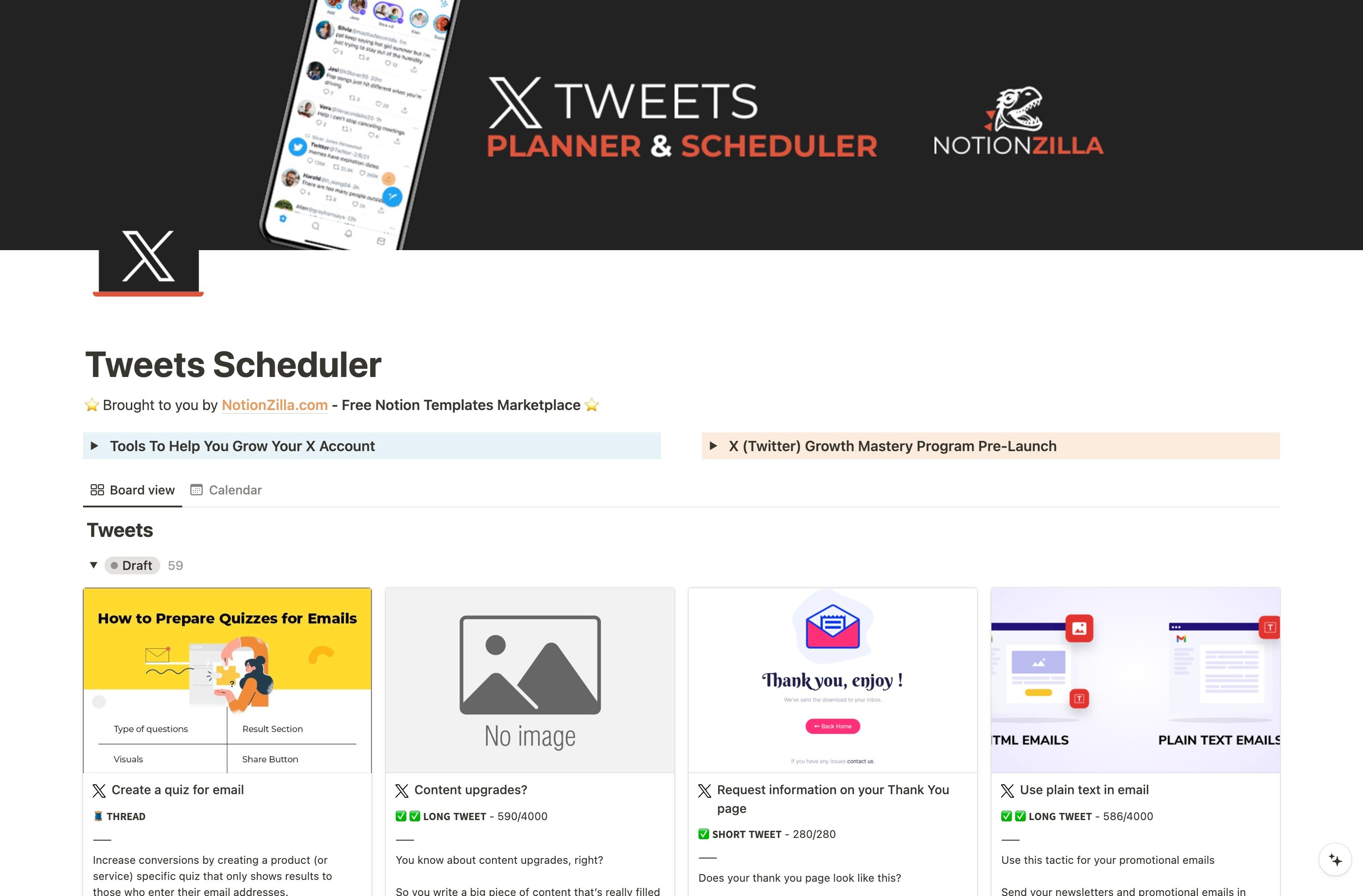 Twitter (X) Tweets Planner & Scheduler - Free Notion Template