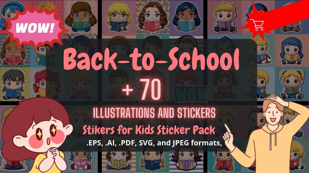 more than 70 Sticker Pack Back-to-School Icons for Kids