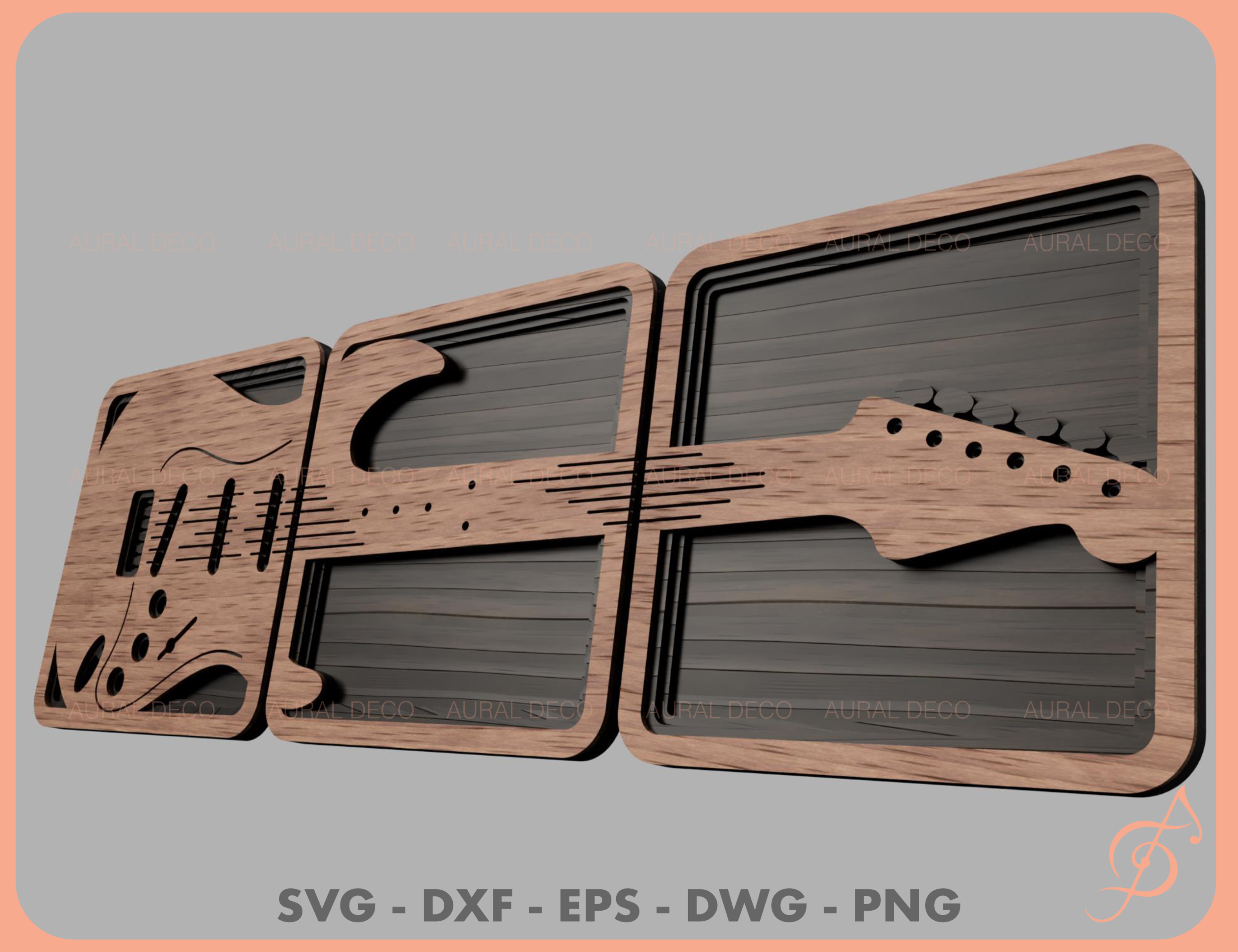 Stratocaster Guitar Triptych for wall art (SVG - DXF File)