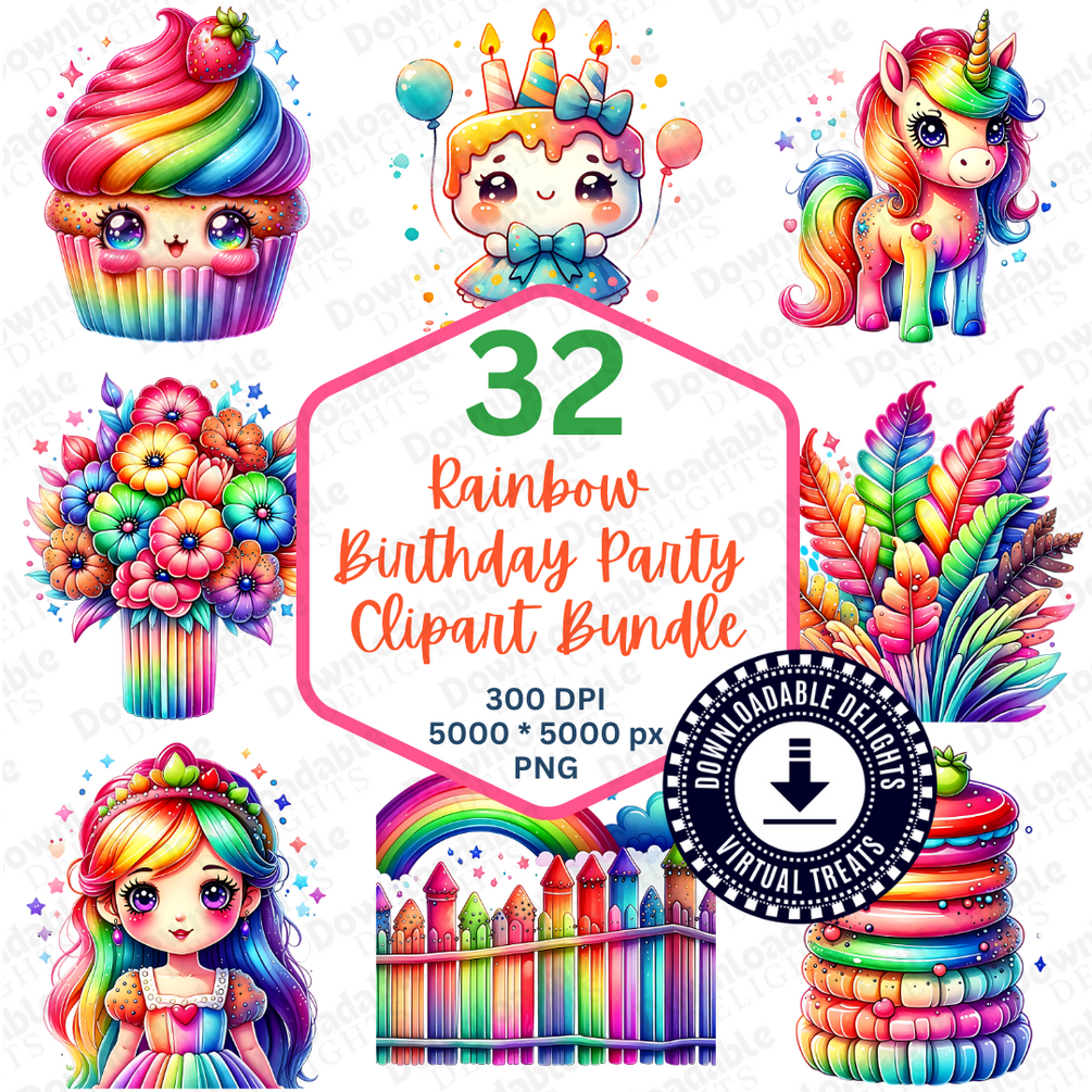 Rainbow Birthday Party Clipart Bundle