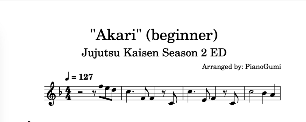 Jujutsu Kaisen Season 2 ED - "Akari" - BEGINNER Piano Sheet Music