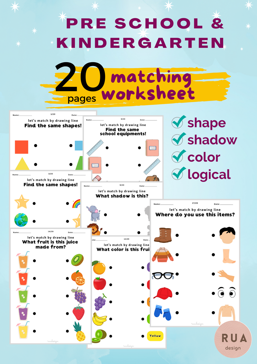 printable: matching worksheets (shape, shadow, color and logical) (copy)