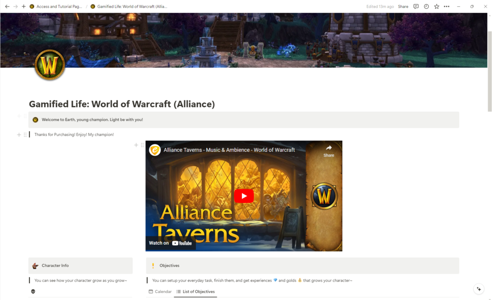 Gamified Life: World of Warcraft (Alliance) Productivity Template