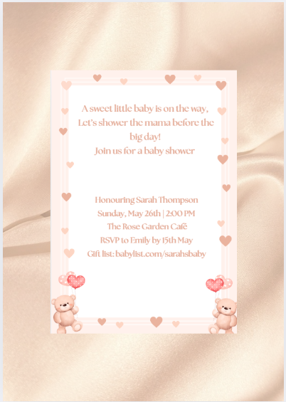 A5 Baby Shower Invitation – Neutral Teddy Bear Theme (Digital Download)