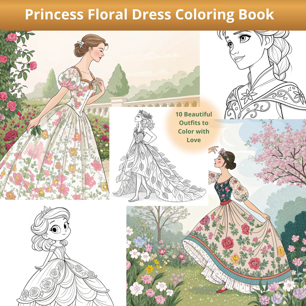Princess Floral Dress Coloring Book – 10 Printable Pages for Kids