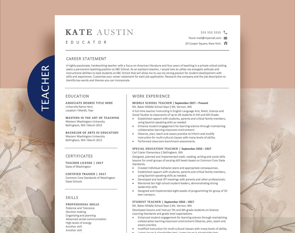 Teacher resume template with Photo, 3 page educator CV curriculum vitae ...