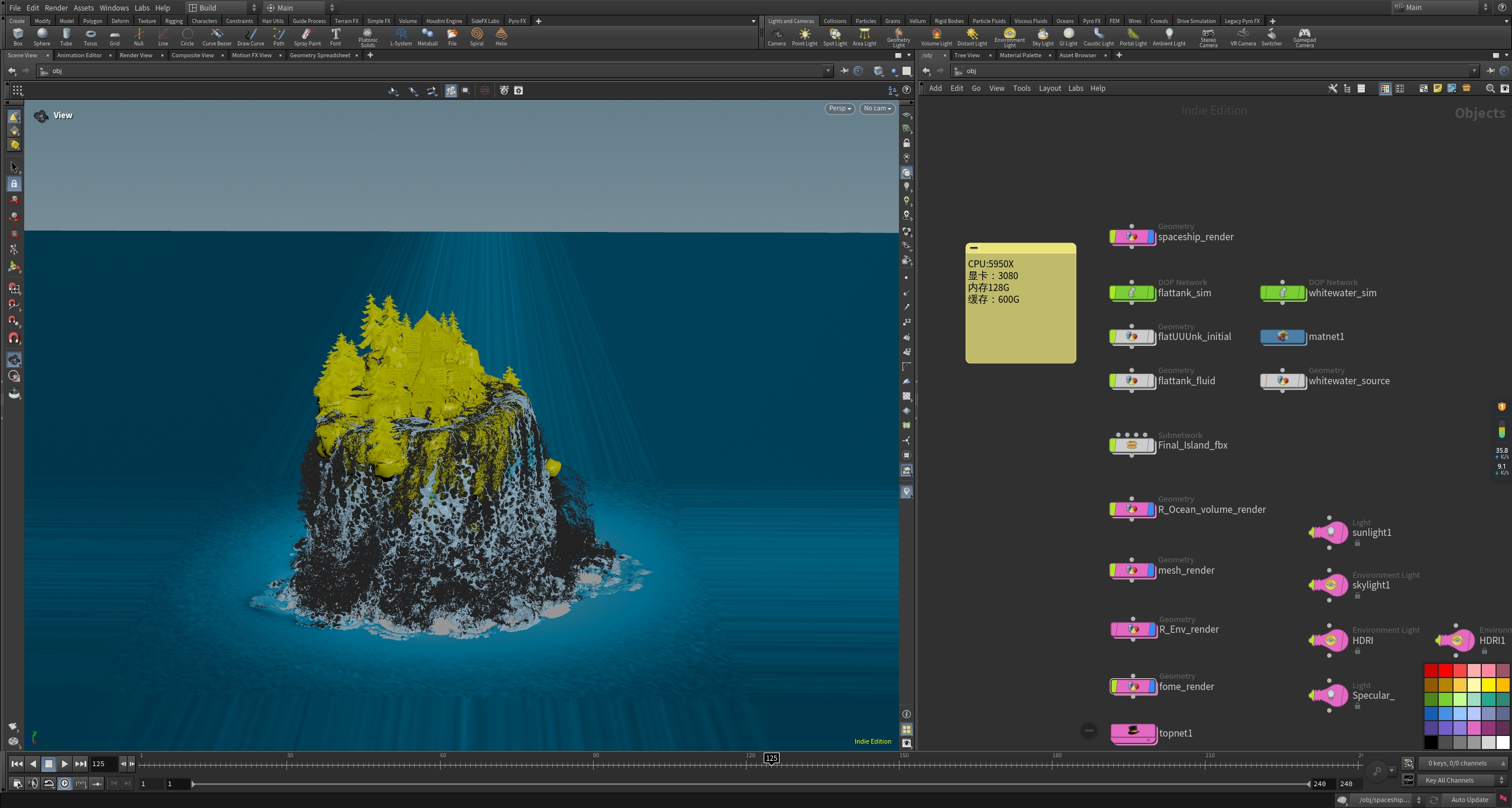 Houdini20 creates a fantasy island water outlet solution rendering file