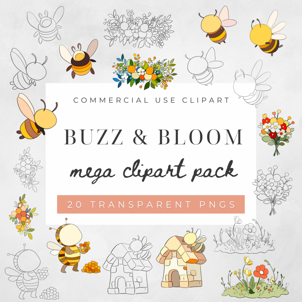🐝 Buzz & Bloom Mega Clipart Pack | 20 Hand-Drawn Bee & Floral PNGs (Color + Line Art)