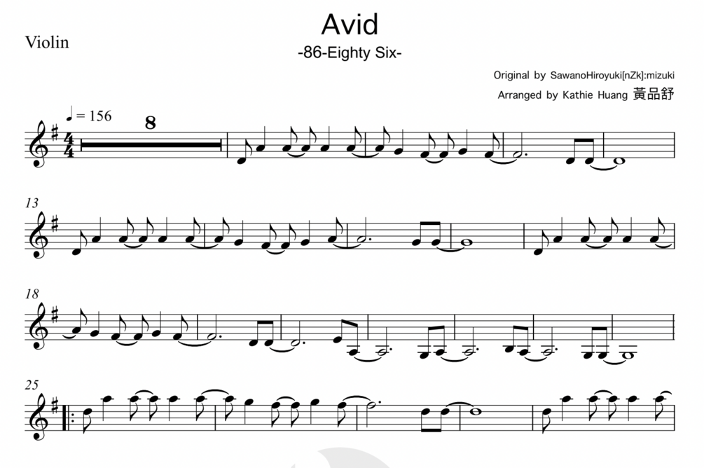SawanoHiroyuki[nZk]:mizuki 「Avid」 86-Eighty Six (Includes Instrumental)-Kathie Violin Sheet