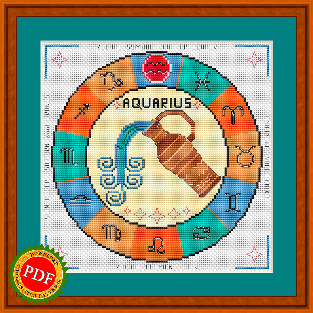 Aquarius Cross Stitch Pattern | Aquarius Zodiac Sign | Sign Of Aquarius ...