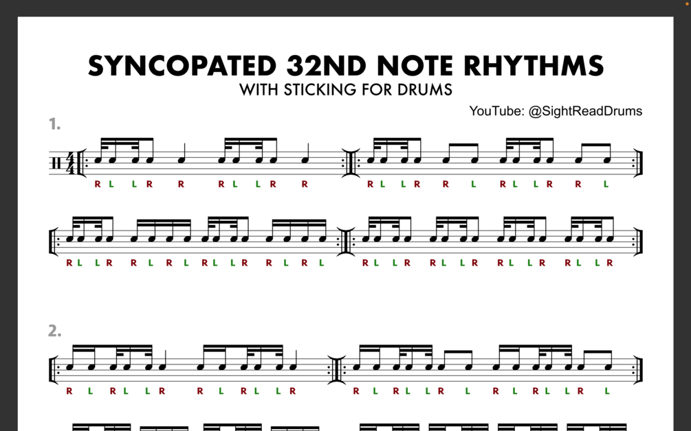 Syncopated 32nd Note Rhythms with Sticking for Drums