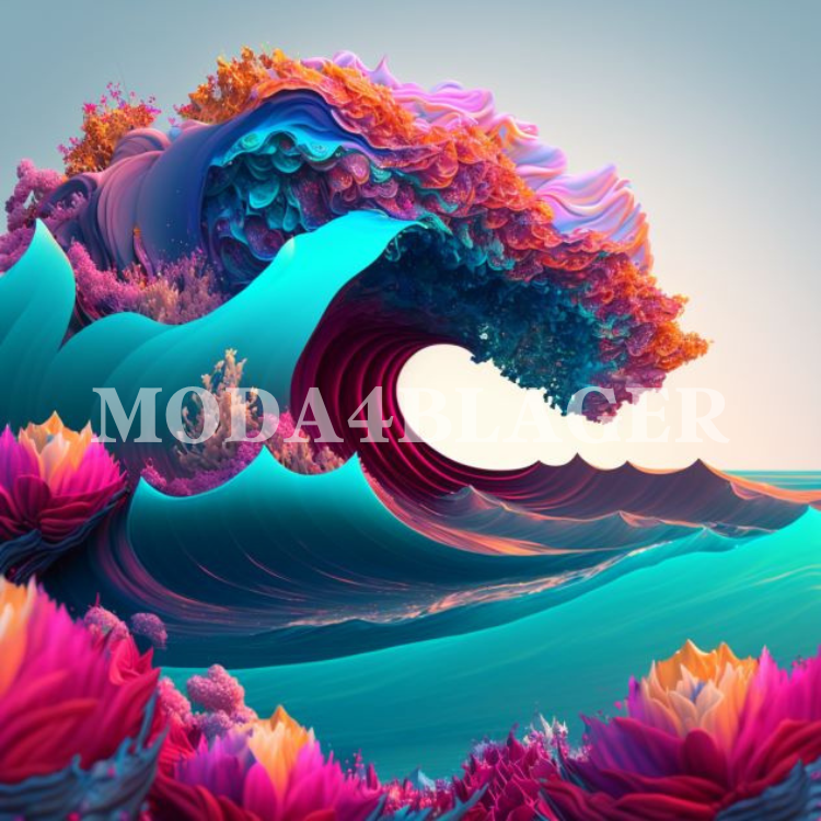 a digital art piece that features a surreal ocean scene with waves made ...
