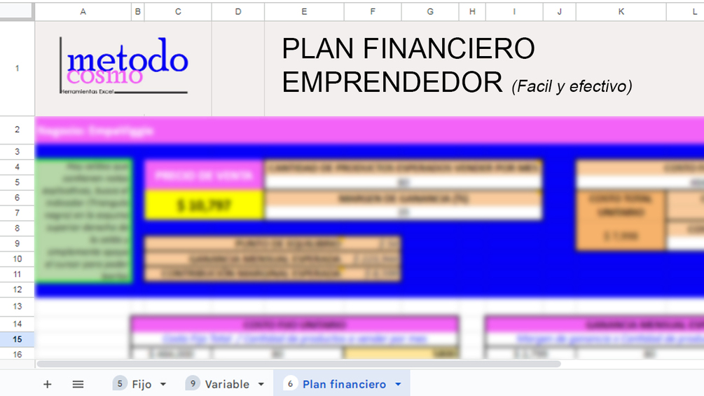 Plantilla de calculo "Plan financiero emprendedor" METODO COSMO