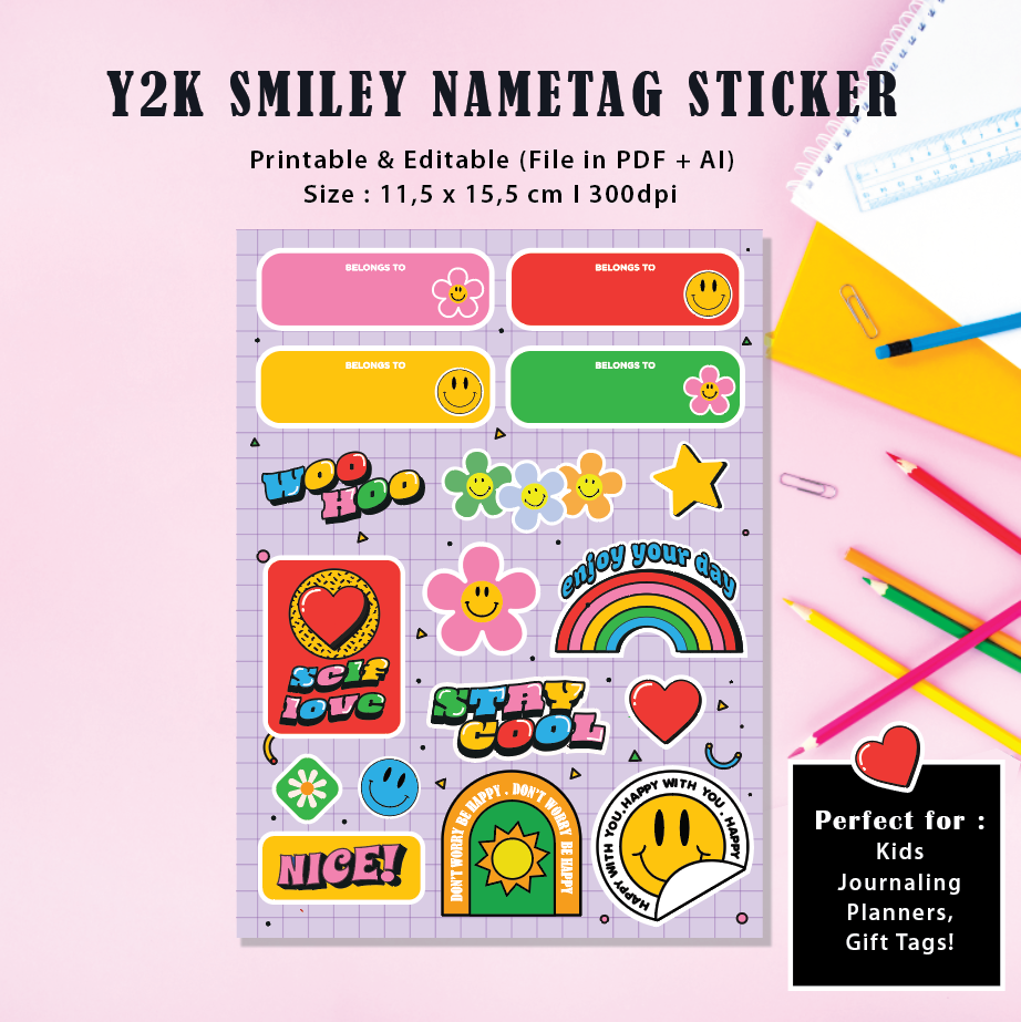 Y2K “Belongs To” Smiley Retro Nametag Stickers for School or Scrapbook ...