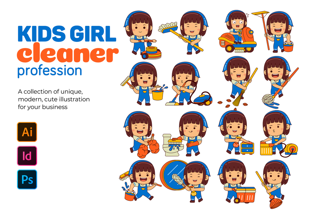 Cute Girl Cleaner Profession Vector Pack
