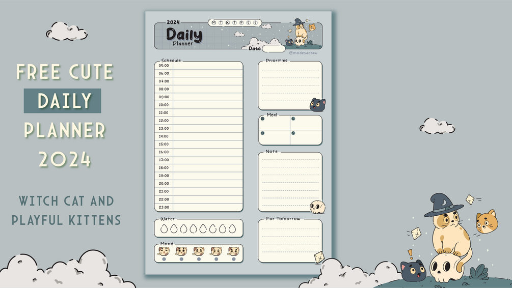 Free Cute Printable Daily Planners 2024 - Witch Cat