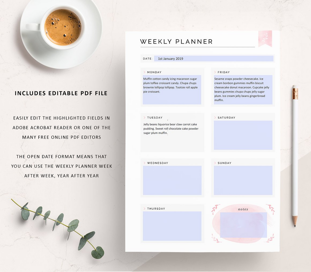 Four Color Weekly Planner Printable, Fillable Weekly planner