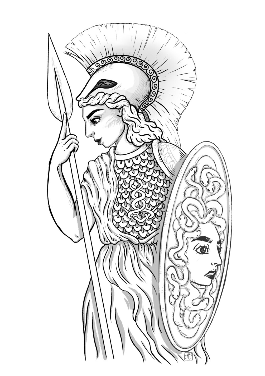Printable colouring in Page | Downloadable | Black and white art | Athena