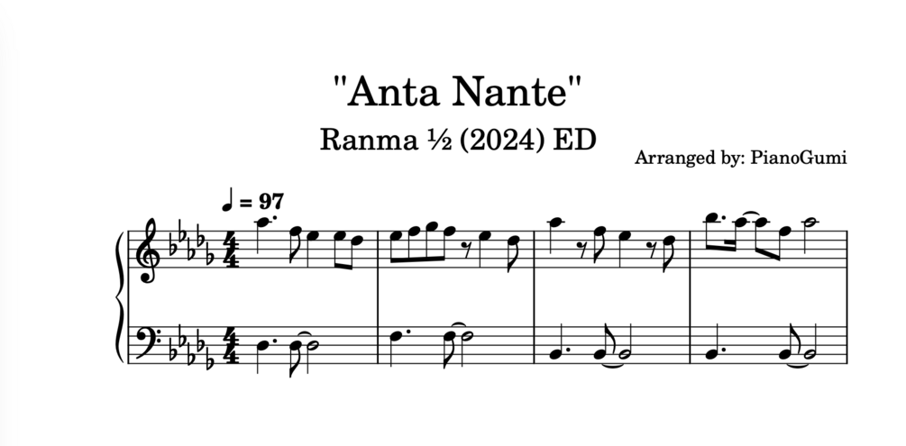 Ranma ½ (2024) ED - "Anta Nante." - EASY Piano Sheet Music