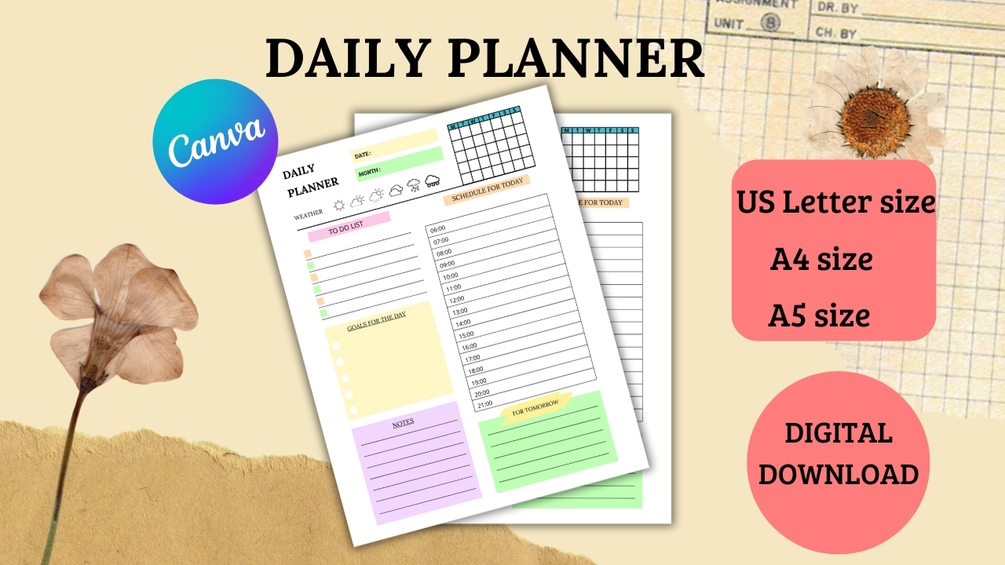 Daily Planner - Printable PDF in US Letter, A4, A5 Sizes
