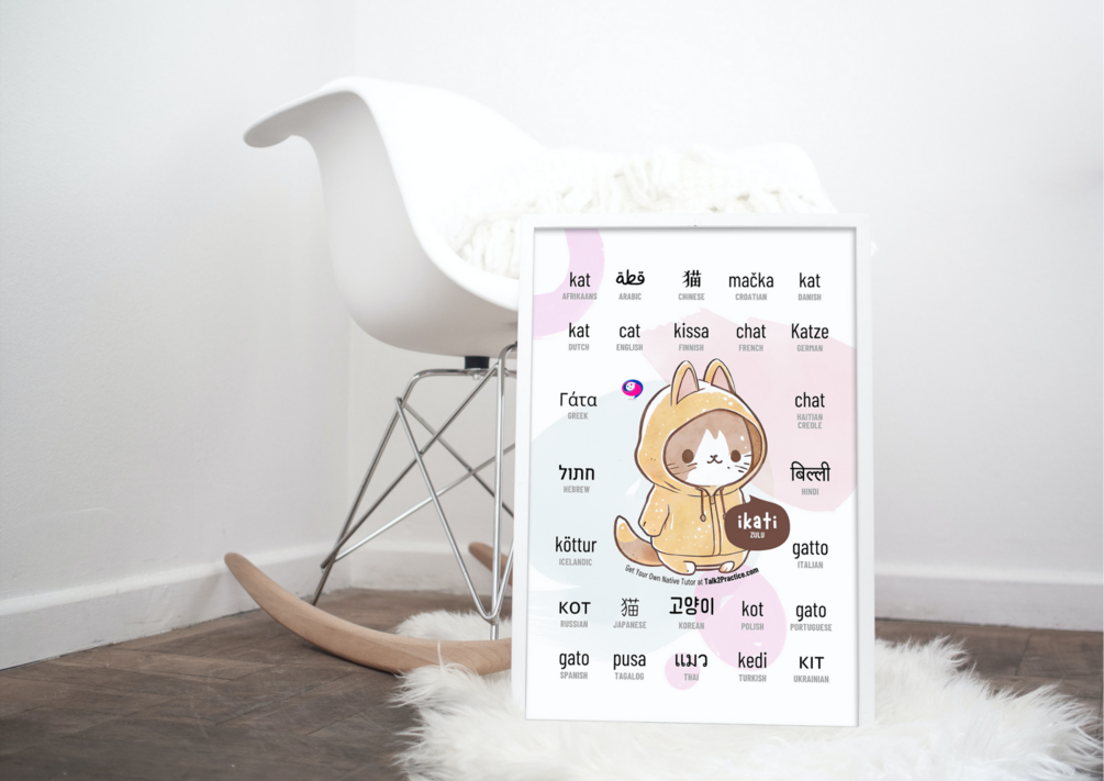 Digital Printable Poster "CAT" in several languages for Language Learners