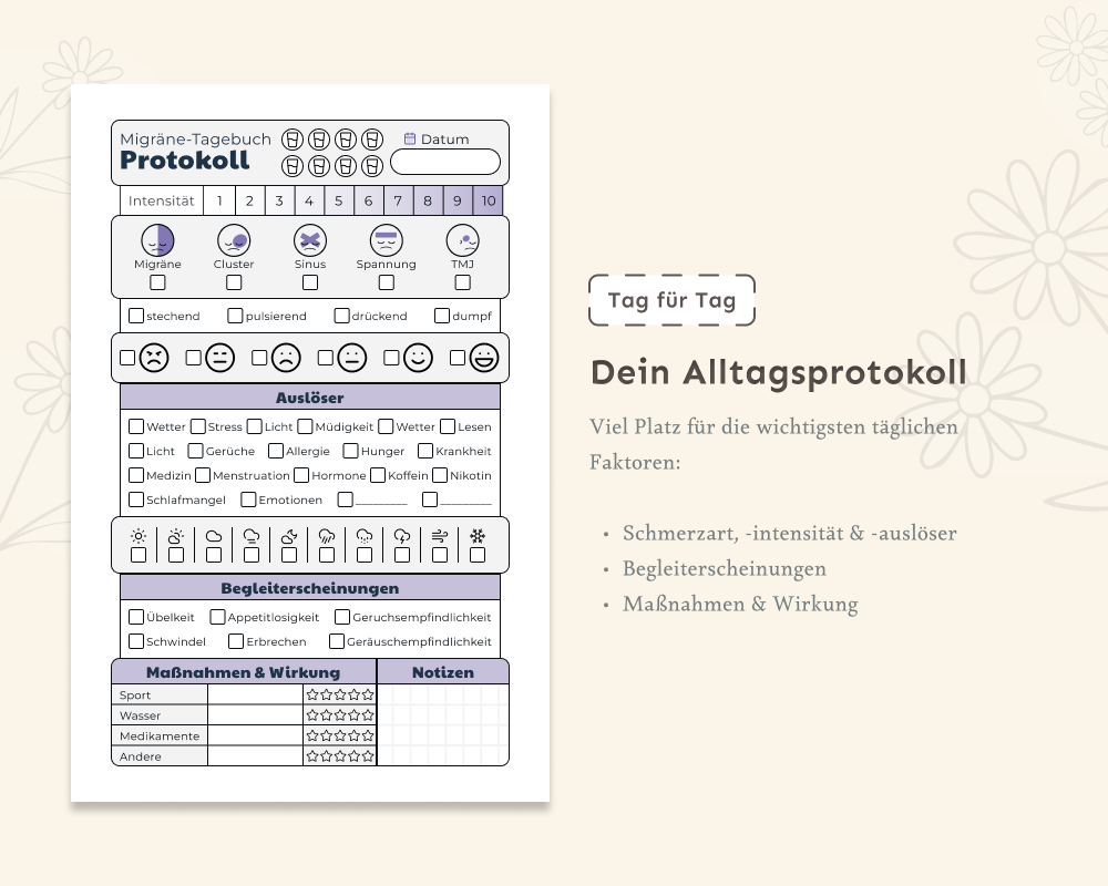 Migräne-Tagebuch zum Ausdrucken (PDF, A4) – Protokoll & Trigger-Tracker für Zuhause