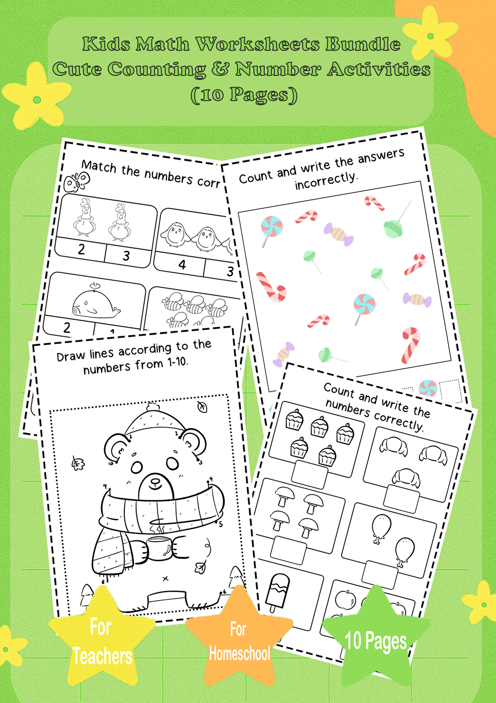 Kids Math Worksheets Bundle – Cute Counting & Number Activities (10 Pages)