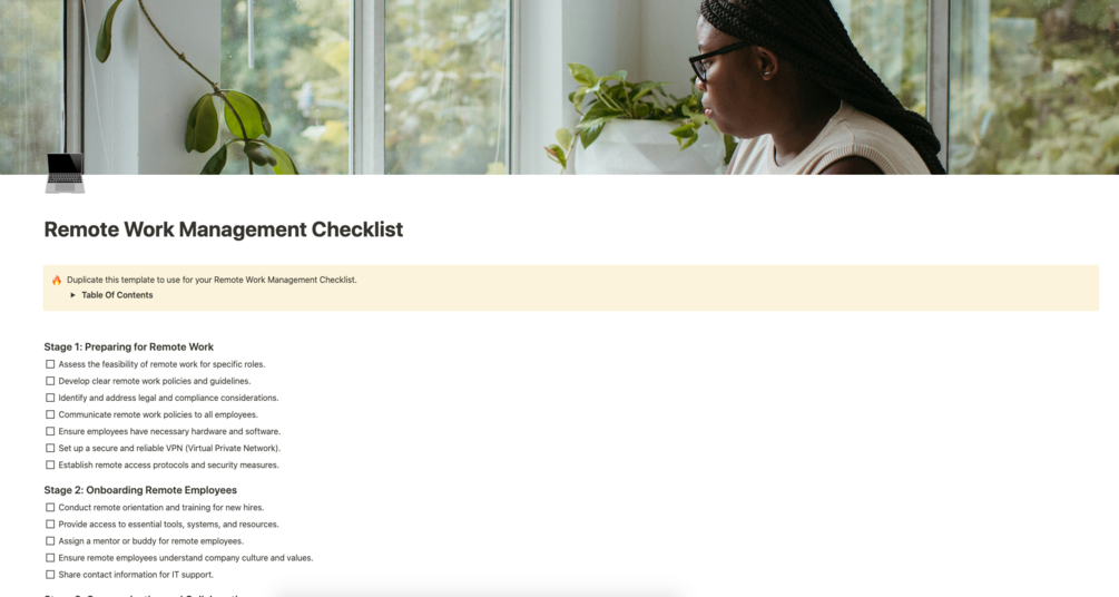 Notion - Remote Work Management Checklist Template