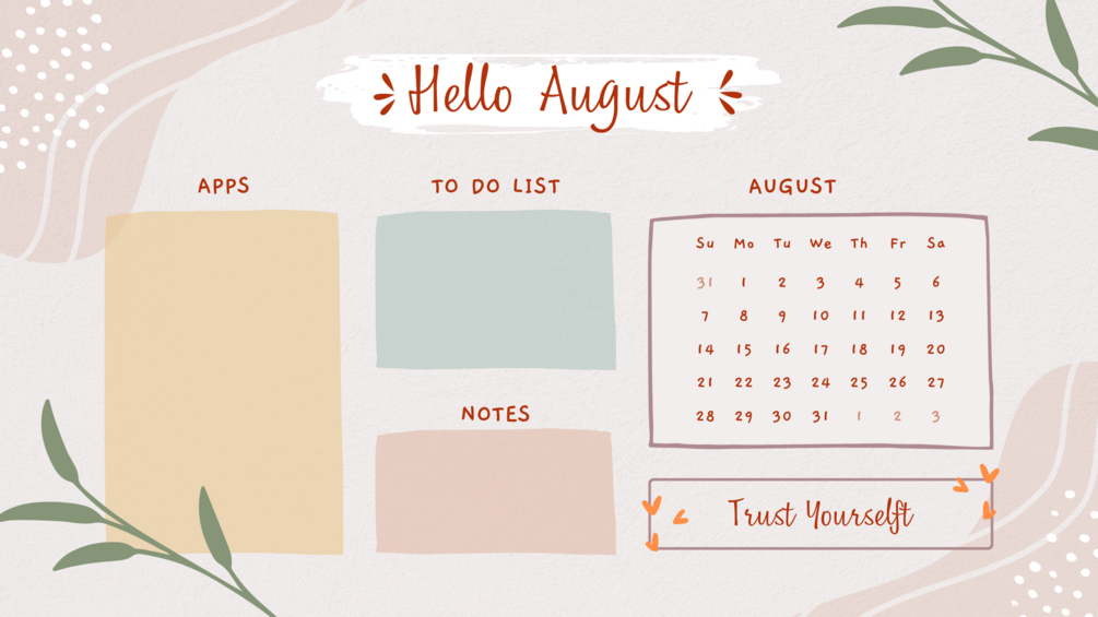 Brown Simple Boho Hello August Desktop Wallpaper