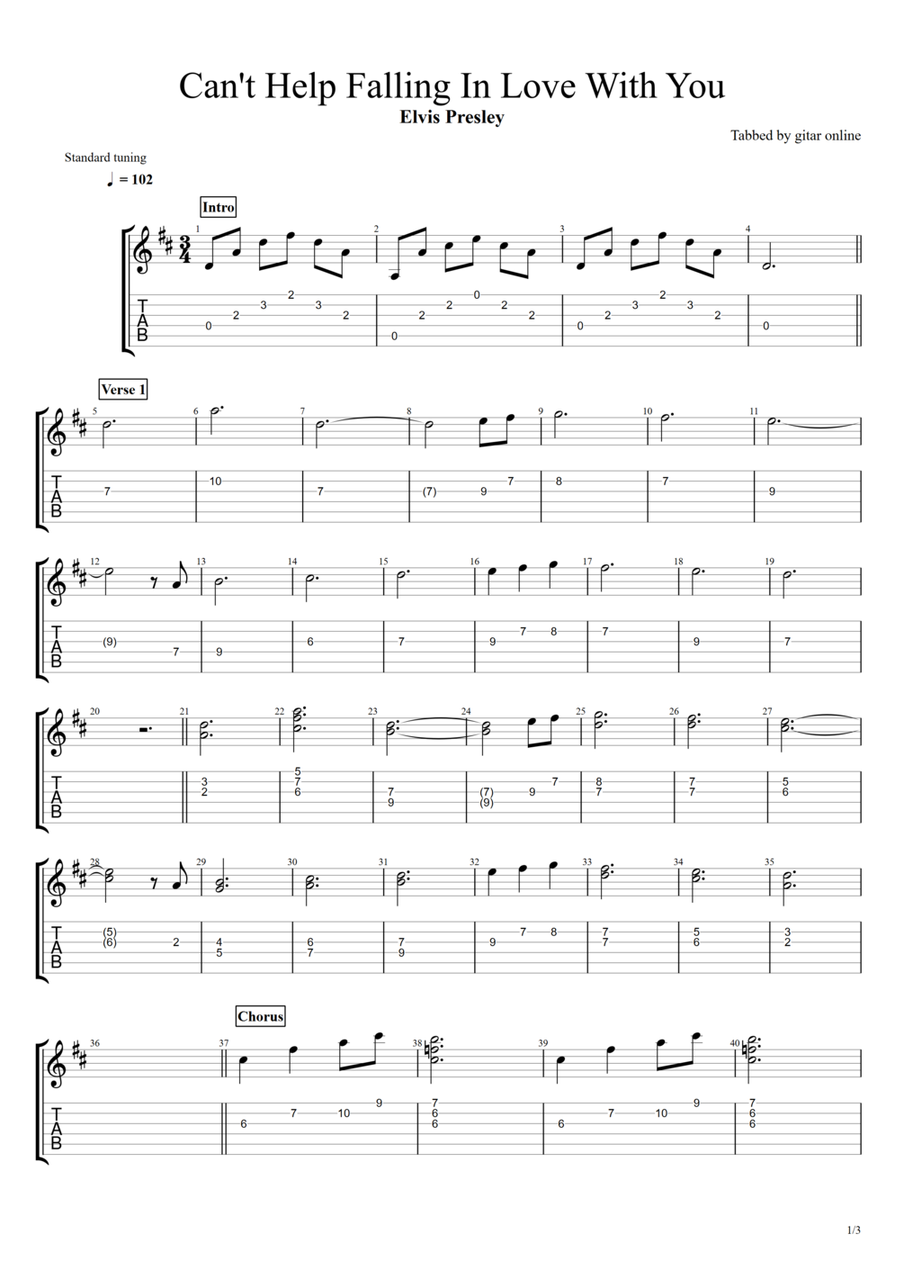 Tab Cant Help Falling In Love With You Elvis Presley Guitar Instruemental