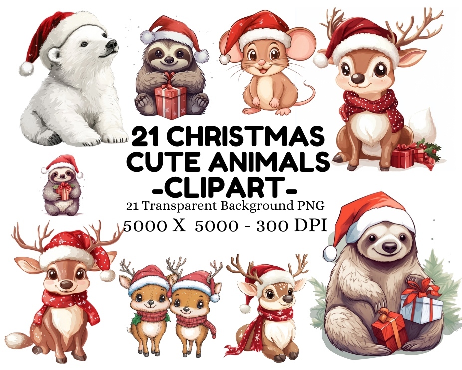 Christmas Themed Cute Animal Clipart Set | Holiday Illustrations ...