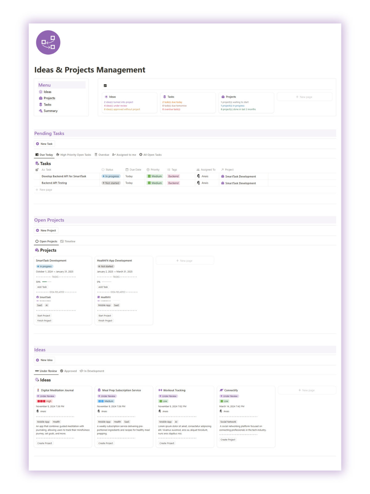 Ideas & Projects Management [Notion Template]