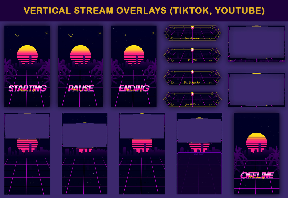 Sunset Synthwave Animated TikTok Stream Overlay Package, TikTok Overlays