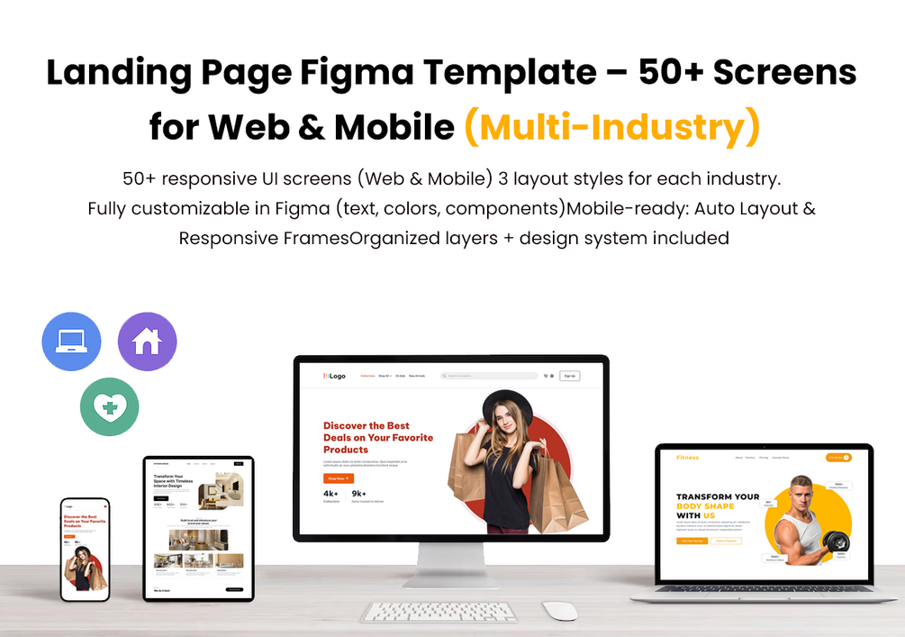 Landing Page Figma Template – 50+ Screens for Web & Mobile (Multi-Industry)
