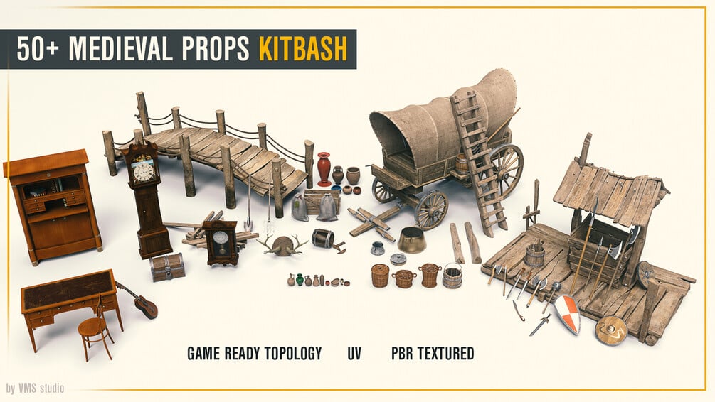 50+ MEDIEVAL PROPS KITBASH [Mid Topology/ UV/ PBR textured]