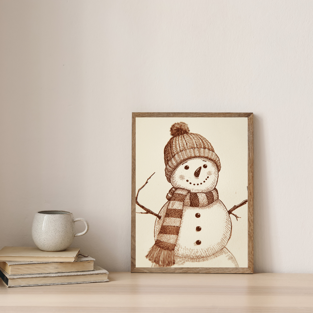 Rustic Vintage Snowman Art Print | Sepia Sketch Digital Download | Cozy ...