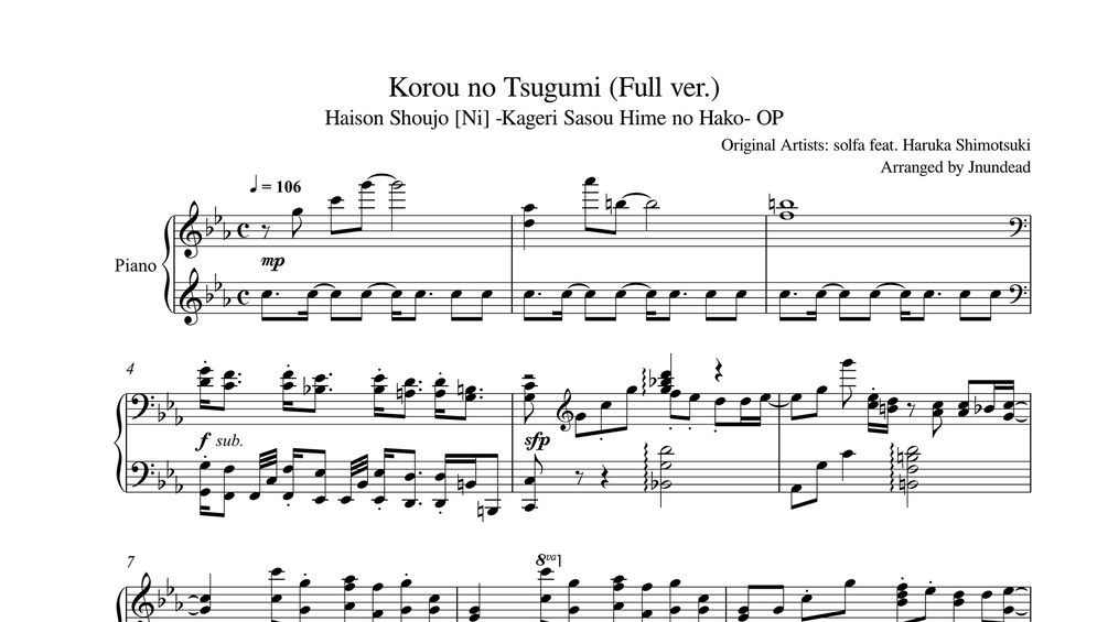 [Haison Shoujo [Ni] OP] Korou no Tsugumi (Full ver.) Piano Arrangement
