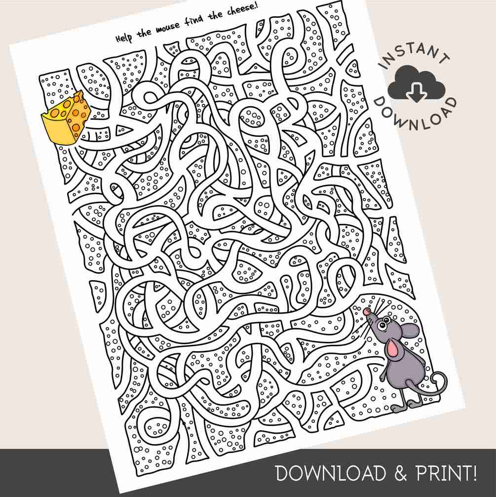 Printable Worksheets - Help the Mouse Find the Cheese Maze Adventure