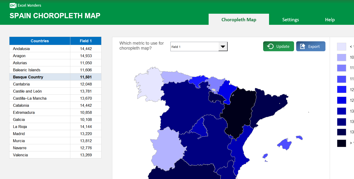 Spain Choropleth Map Excel Template | Excel Wonders
