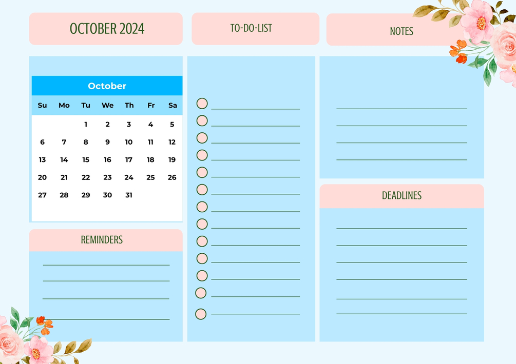 Blu and Pink Floral October 2024 Calendar planner and organizer pdf