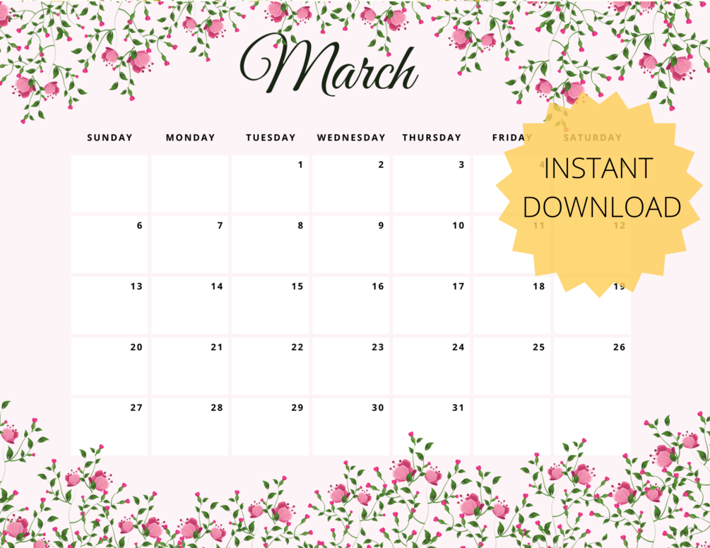Editable March 2022 Calendar Printable - Floral Calendar 2022 - Digital ...