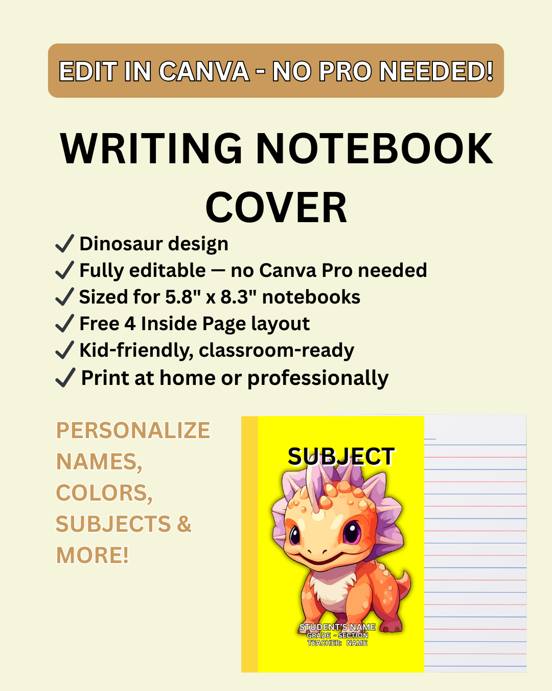 Writing Notebook – Dinosaur Cover (Canva Editable)