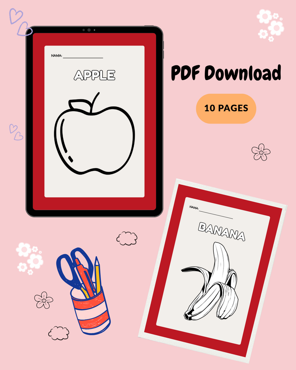 Fruits Coloring Book for Kids - 10 Fun Printable Pages (PDF)