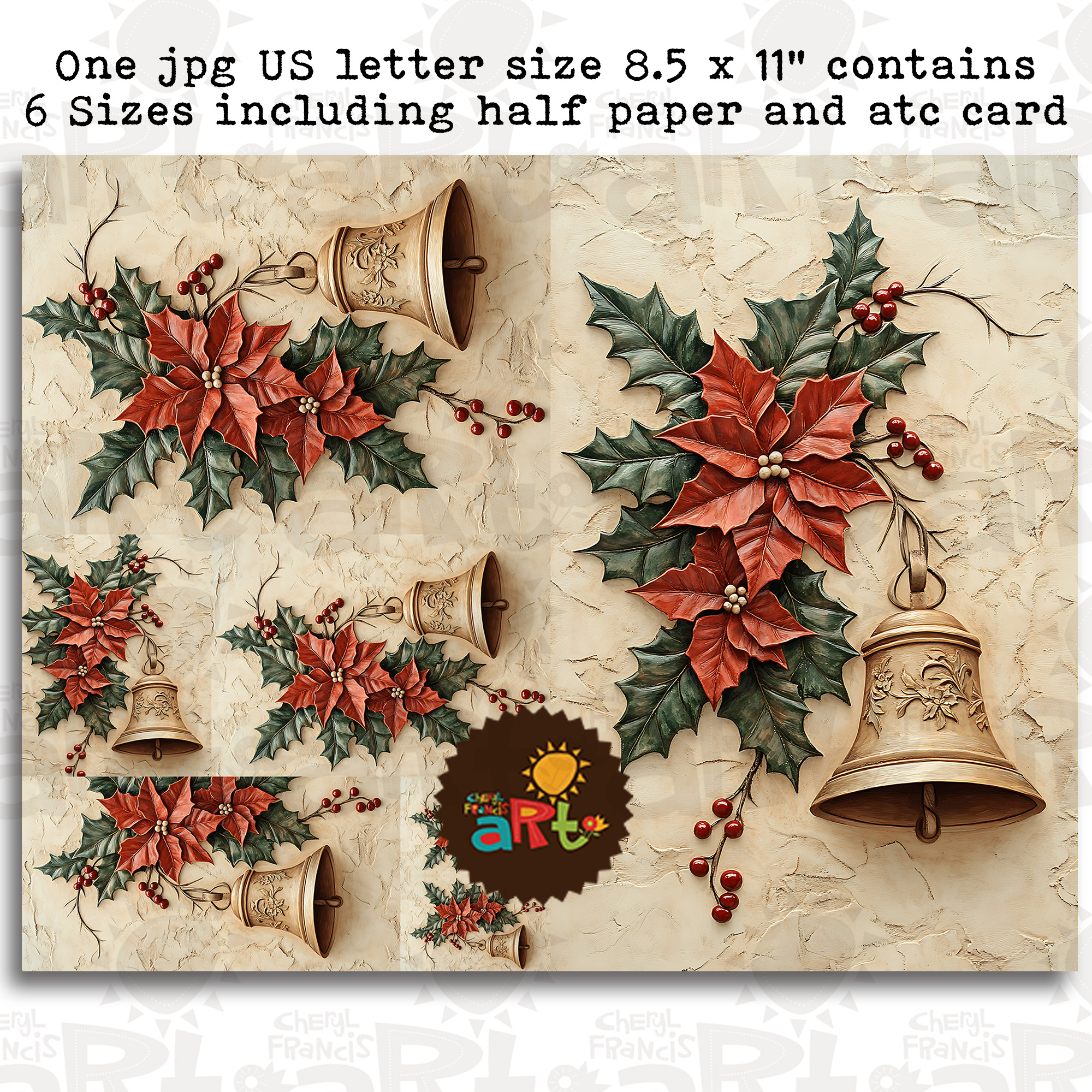 Christmas Bell with Poinsettia Flower Single Image Printable Junk ...