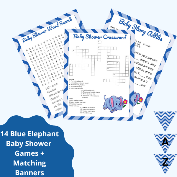 14 Blue Elephant and Flower Printable Baby Shower Games, Matching ...
