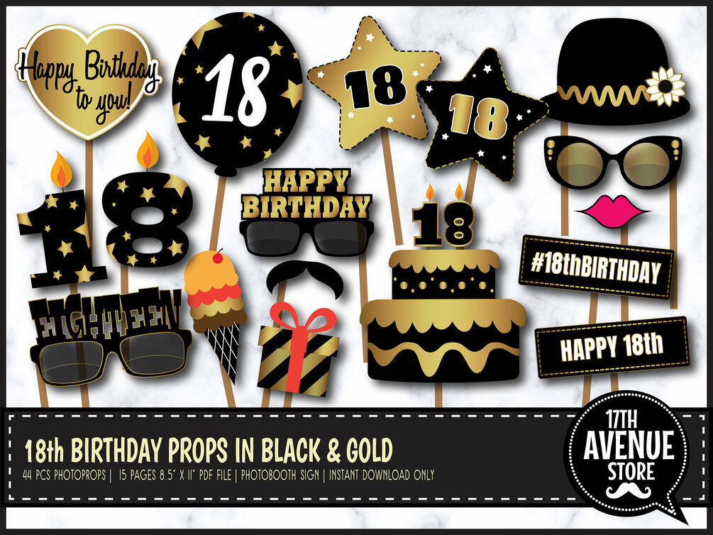 18th Birthday Props in Black and Gold